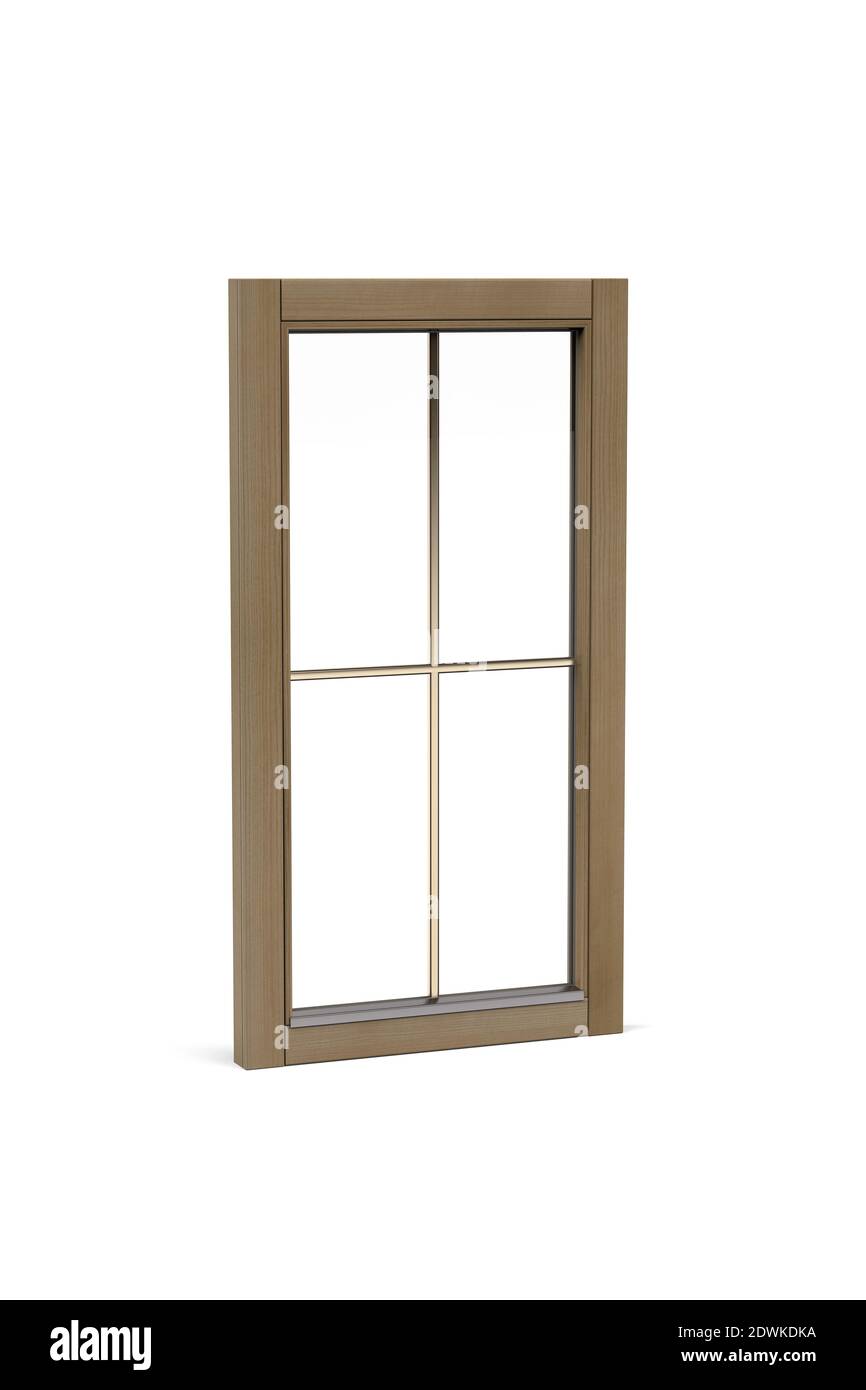 Modern single window with brown wooden frame isolated on white ...
