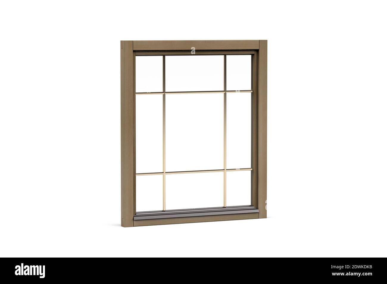 Modern single window with brown wooden frame isolated on white ...