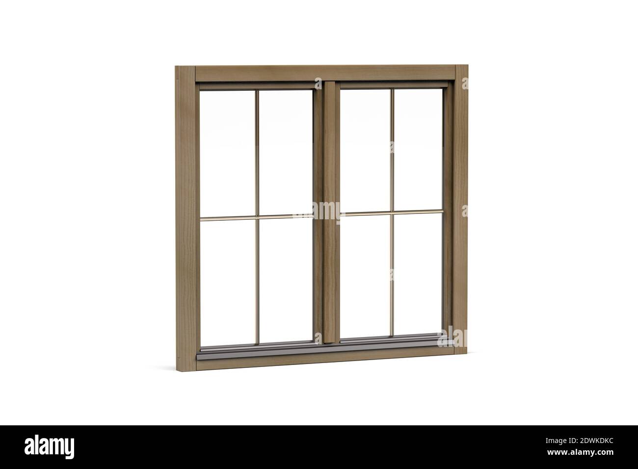 Modern double window with brown wooden frame isolated on white ...