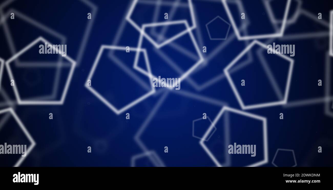Flying pentagonal shapes over dark blue background Stock Photo - Alamy