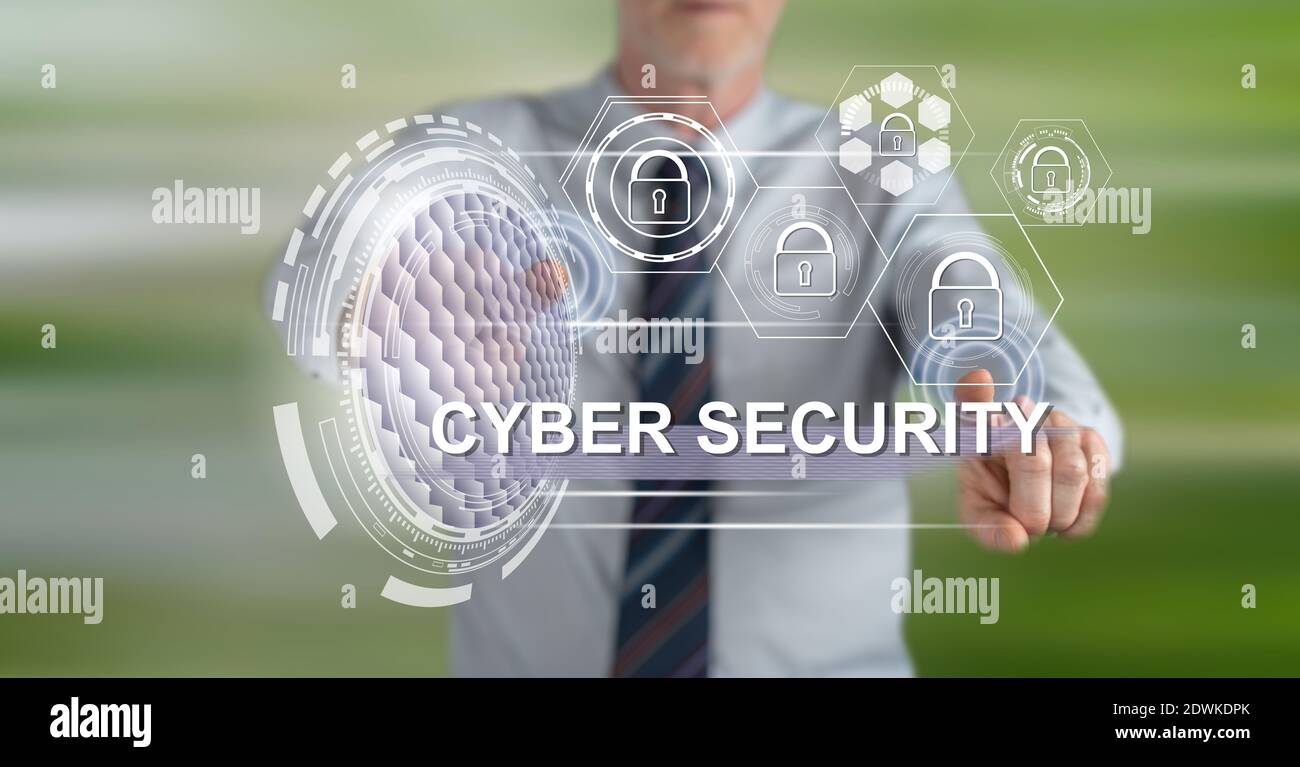 Man touching a cyber security concept on a touch screen with his ...