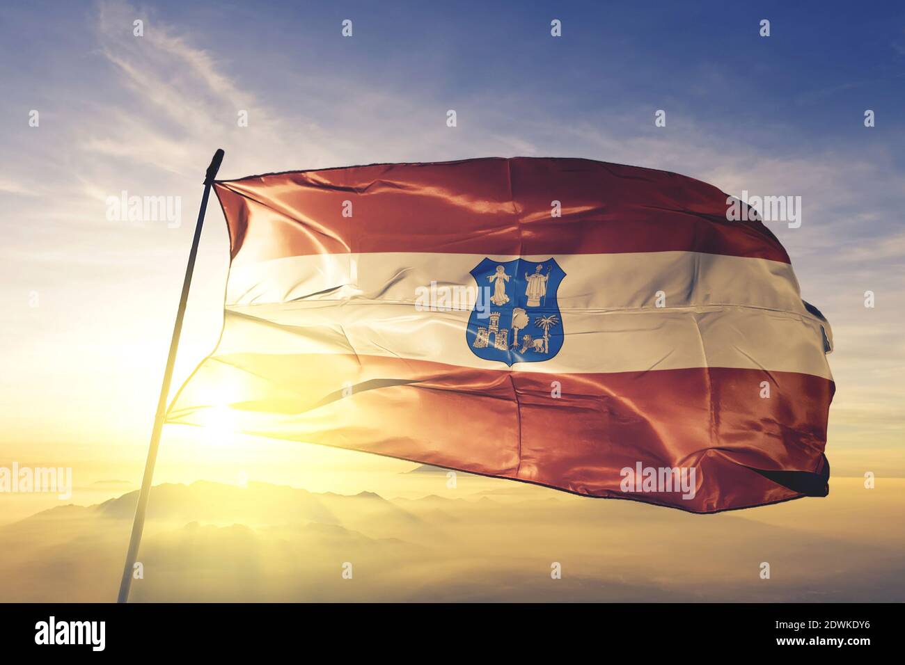 Asuncion city of Paraguay flag waving on the top sunrise mist fog Stock ...