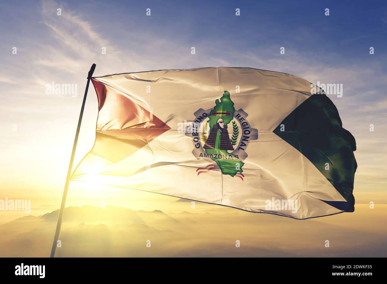 Amazonas region of Peru flag waving on the top sunrise mist fog Stock ...