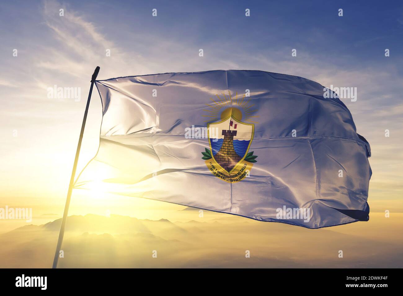 Callao region of Peru flag waving on the top sunrise mist fog Stock ...