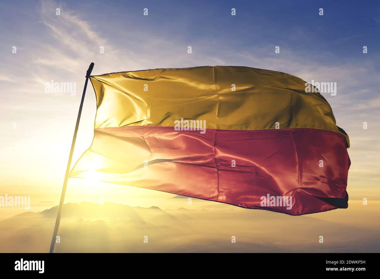 Lambayeque region of Peru flag waving on the top sunrise mist fog Stock ... Lambayeque region of Peru flag waving on the top sunrise mist fog Stock ...