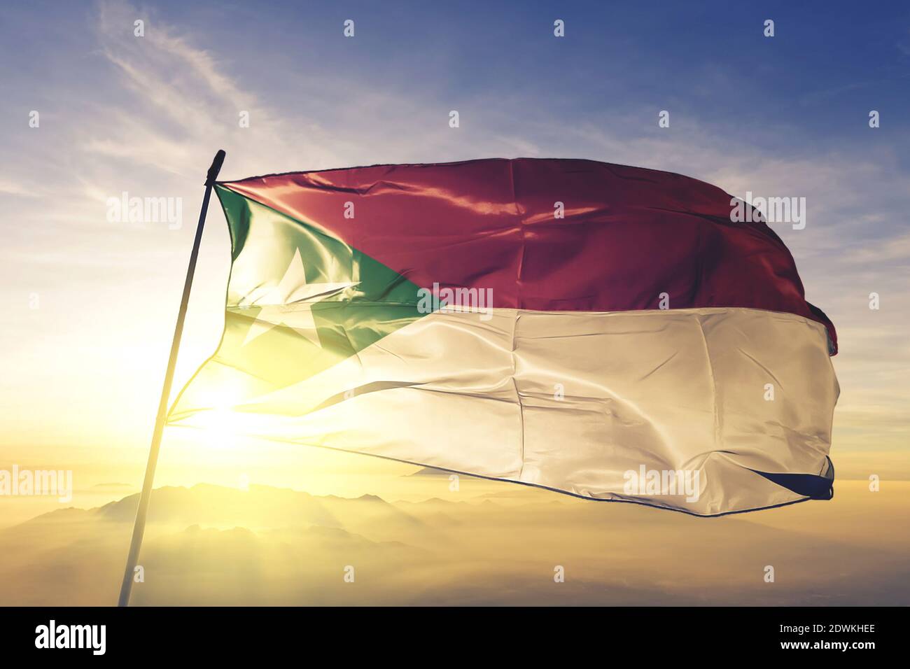 Trujillo state of Venezuela flag waving on the top sunrise mist fog ...