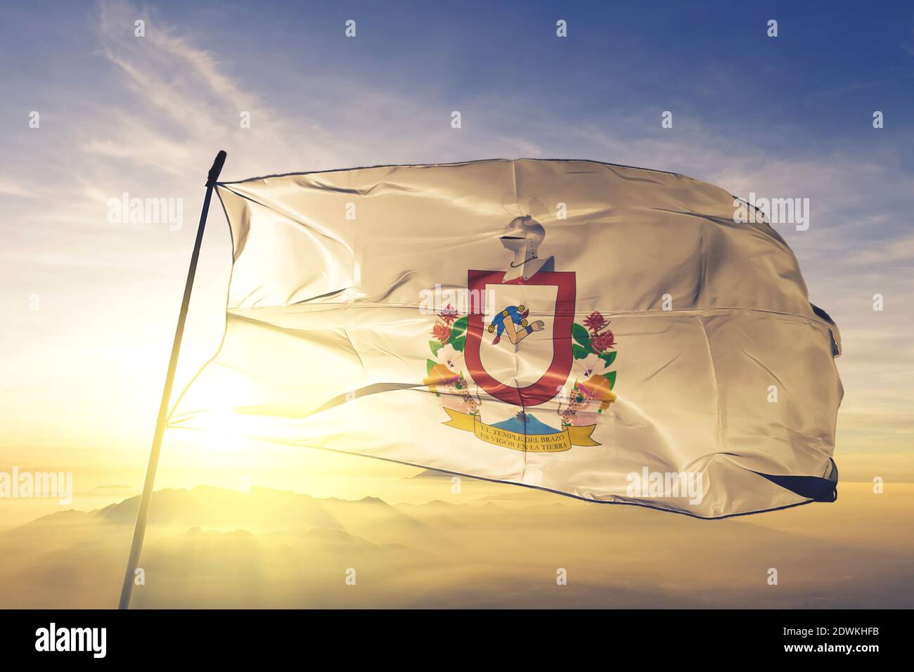 Colima state of Mexico flag waving on the top sunrise mist fog Stock ...