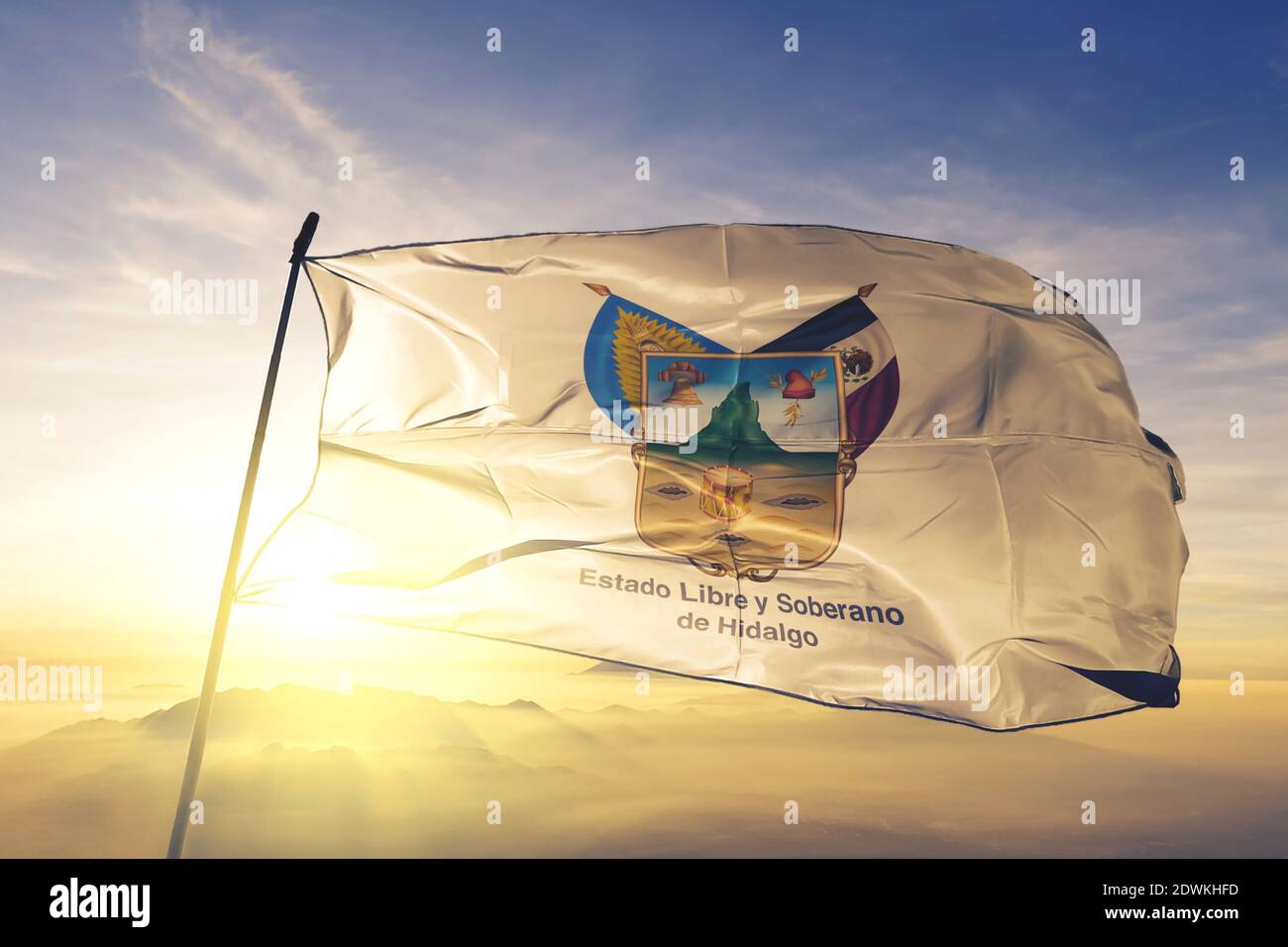 Hidalgo state of Mexico flag waving on the top sunrise mist fog Stock ...
