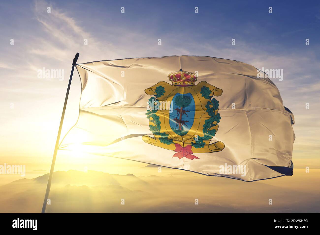 Durango state of Mexico flag waving on the top sunrise mist fog Stock ...