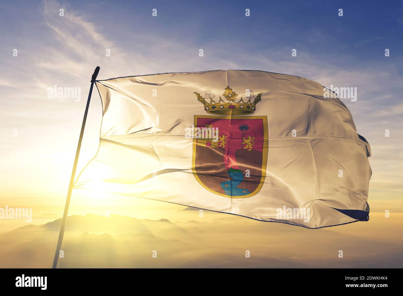 Chiapas state of Mexico flag waving on the top sunrise mist fog Stock ...
