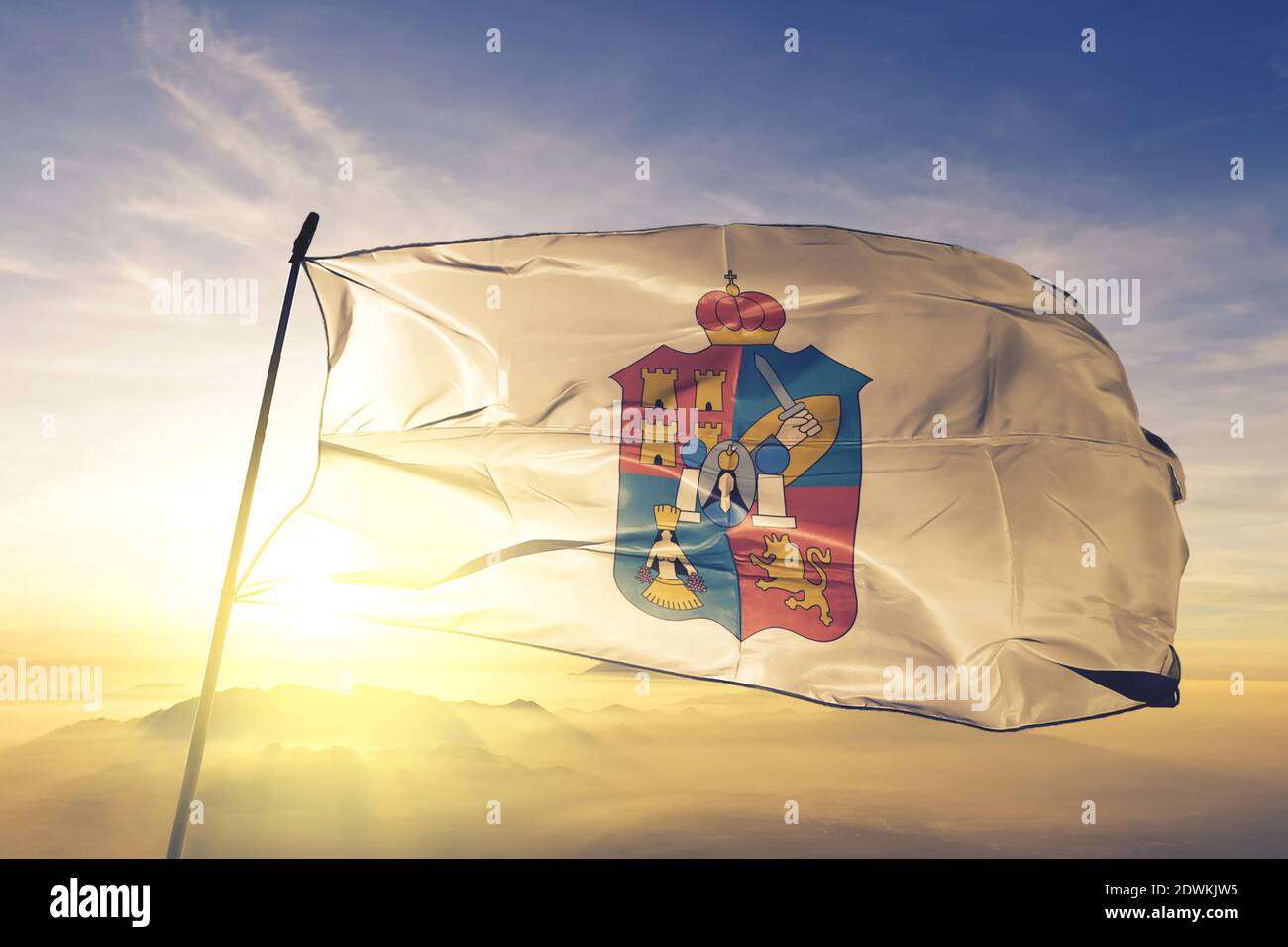 Tabasco state of Mexico flag waving on the top sunrise mist fog Stock ...