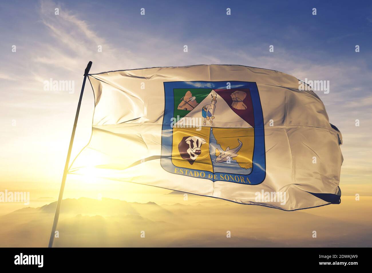 Sonora state of Mexico flag waving on the top sunrise mist fog Stock ...