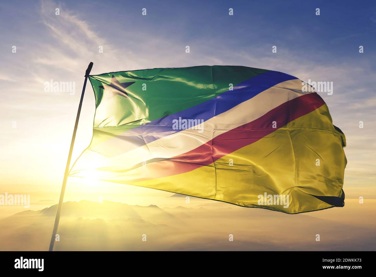 Elias Pina province of Dominican Republic flag waving sunrise mist fog ...