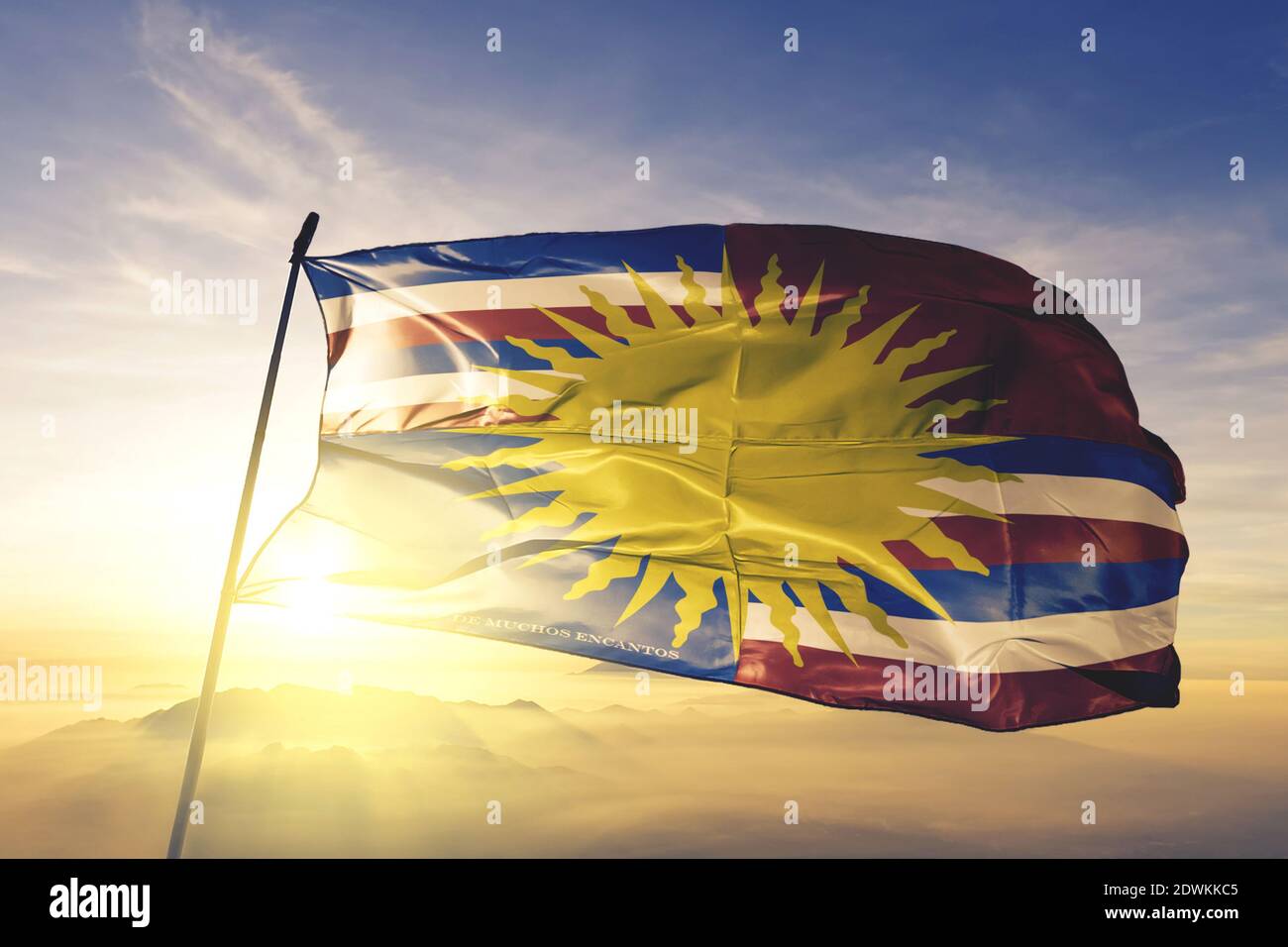 Samana province of Dominican Republic flag waving on the top sunrise ...