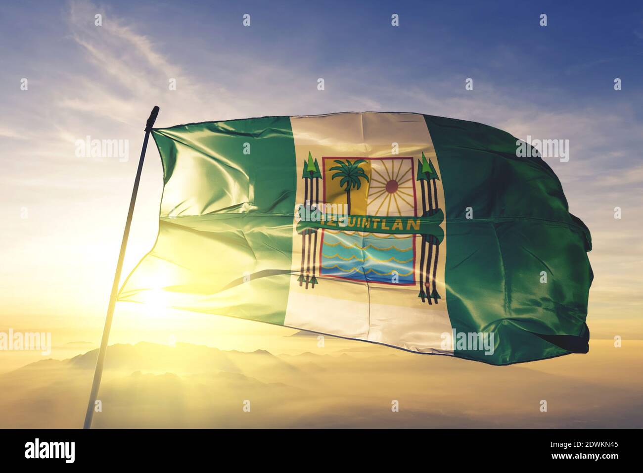 Escuintla department of Guatemala flag waving on the top sunrise mist ...