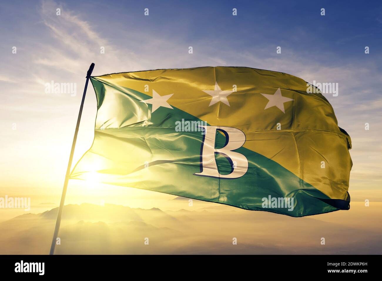 Bocas del Toro province of Panama flag waving on the top sunrise mist ...