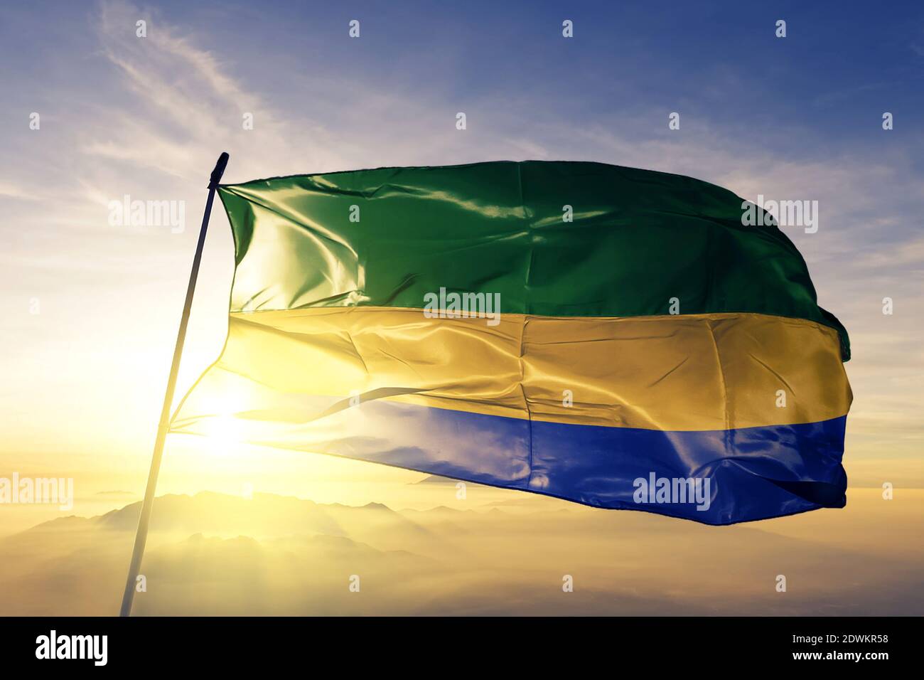 Embera-Wounaan comarca of Panama flag waving on the top sunrise mist ...