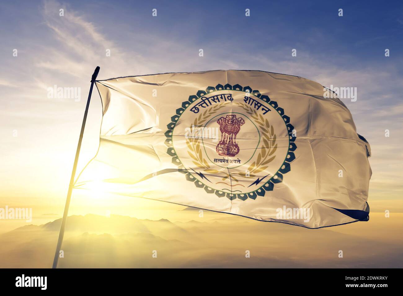 Chhattisgarh state of India flag waving on the top sunrise mist fog ...