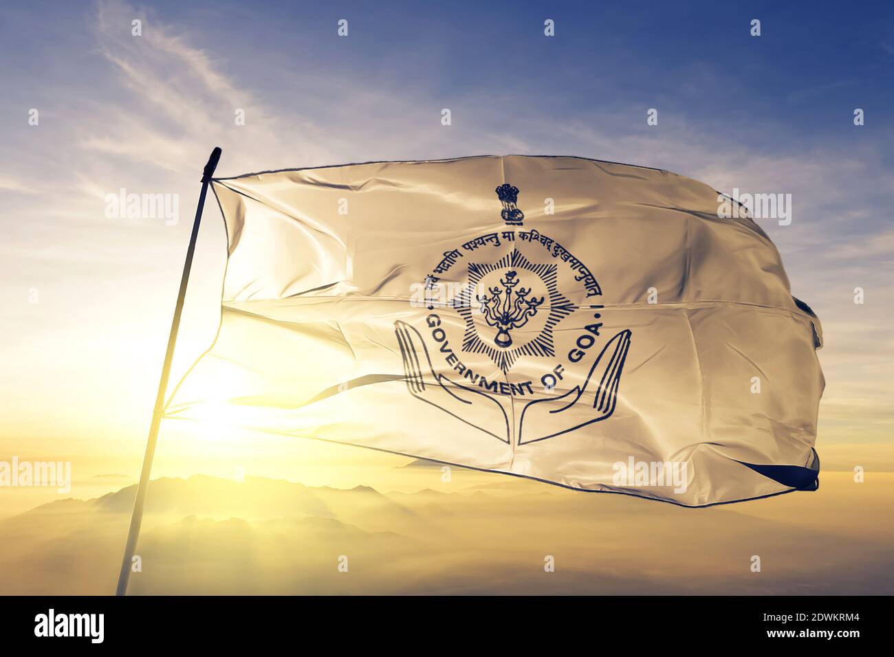 Goa state of India flag waving on the top sunrise mist fog Stock Photo ...