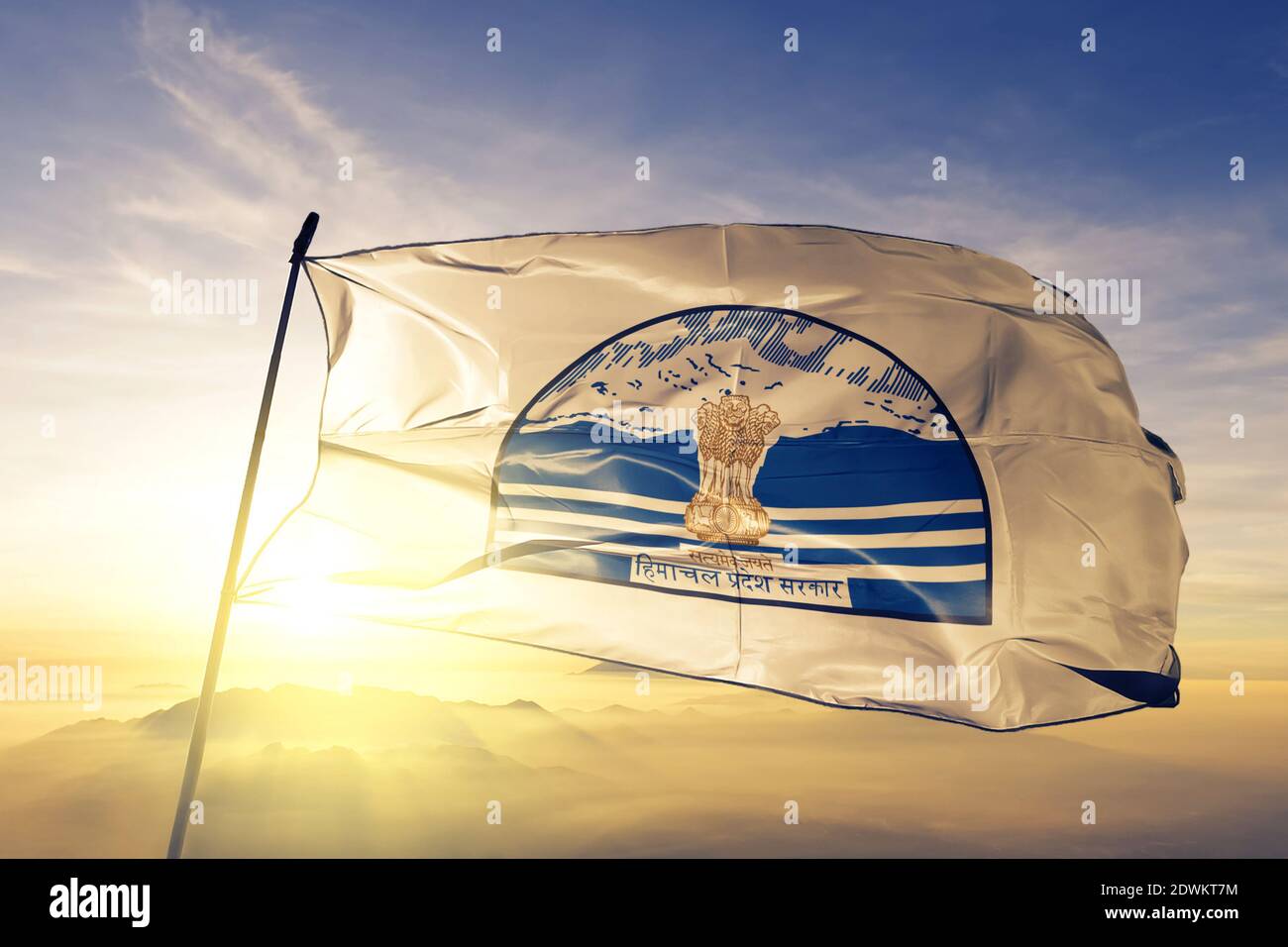 Himachal Pradesh state of India flag waving on the top sunrise mist fog ...