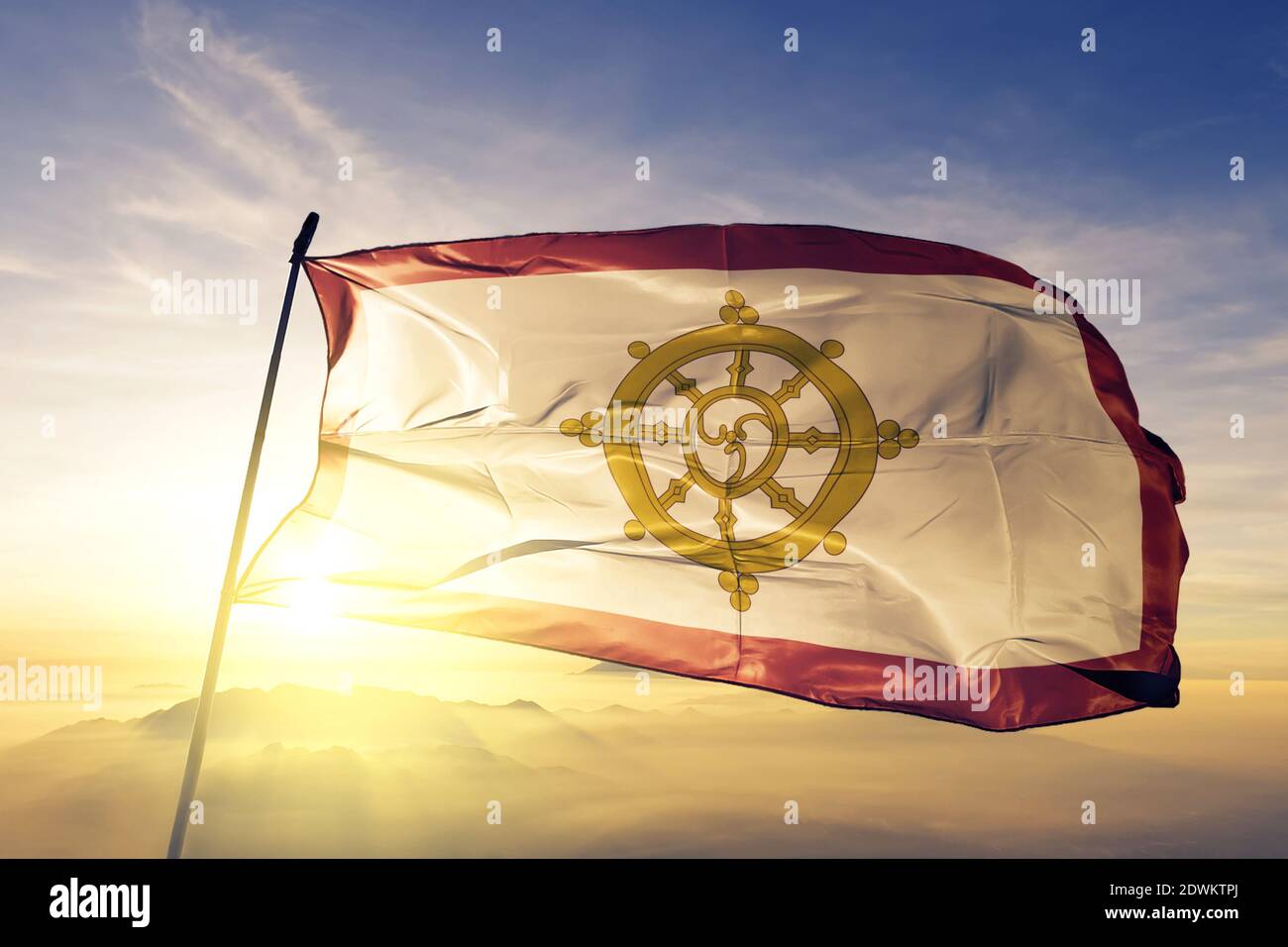 Sikkim state of India flag waving on the top sunrise mist fog Stock ...