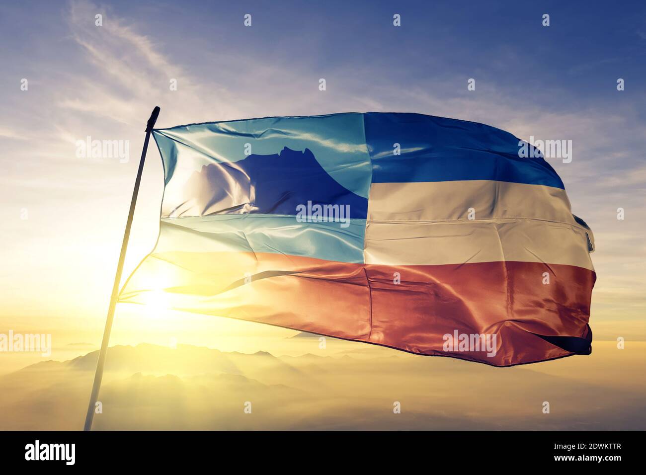 Sabah state of Malaysia flag waving on the top sunrise mist fog Stock ...