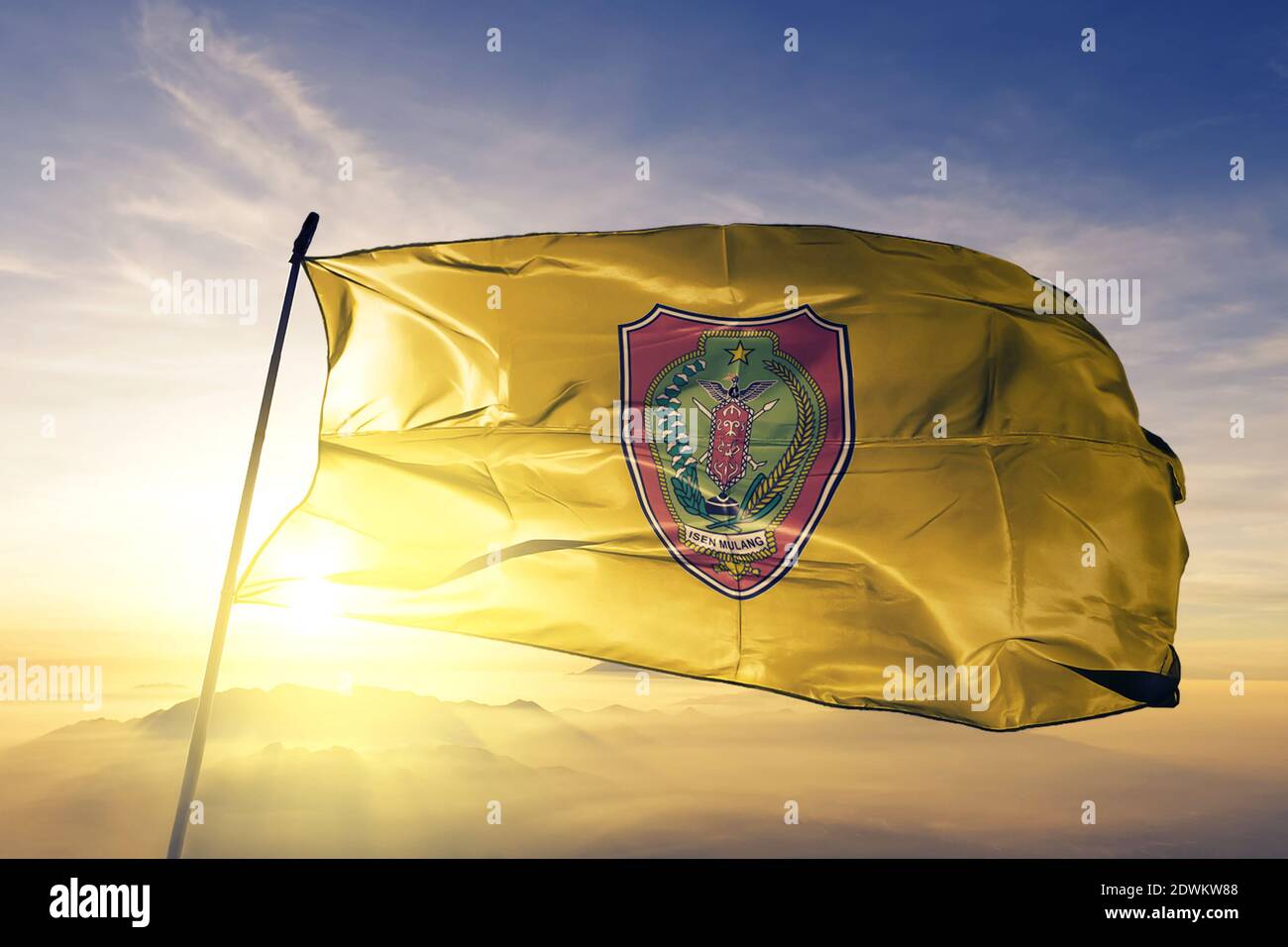 Central Kalimantan province of Indonesia flag waving on the top sunrise ...