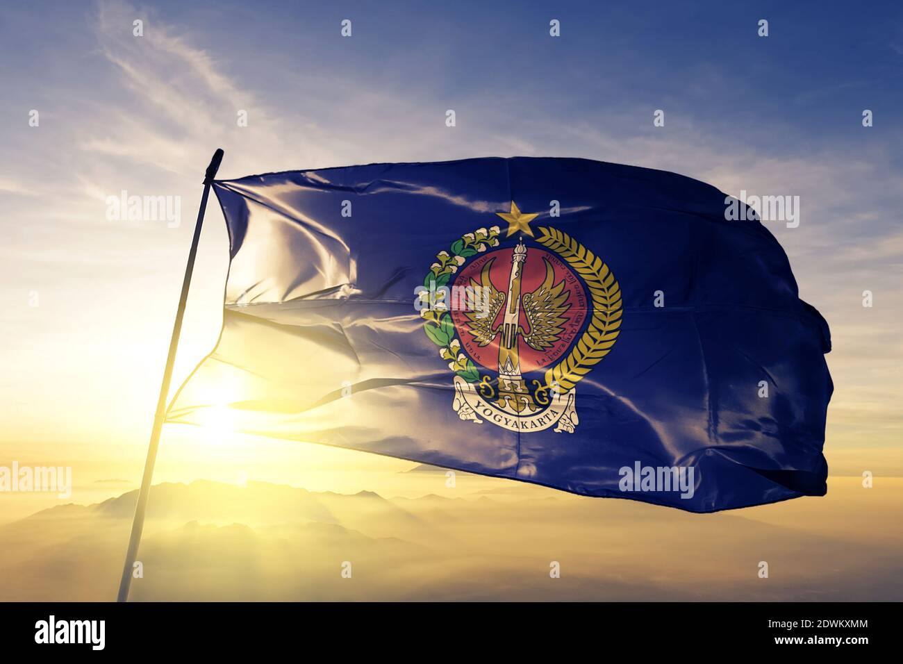 Special Region of Yogyakarta of Indonesia flag waving sunrise mist fog ...