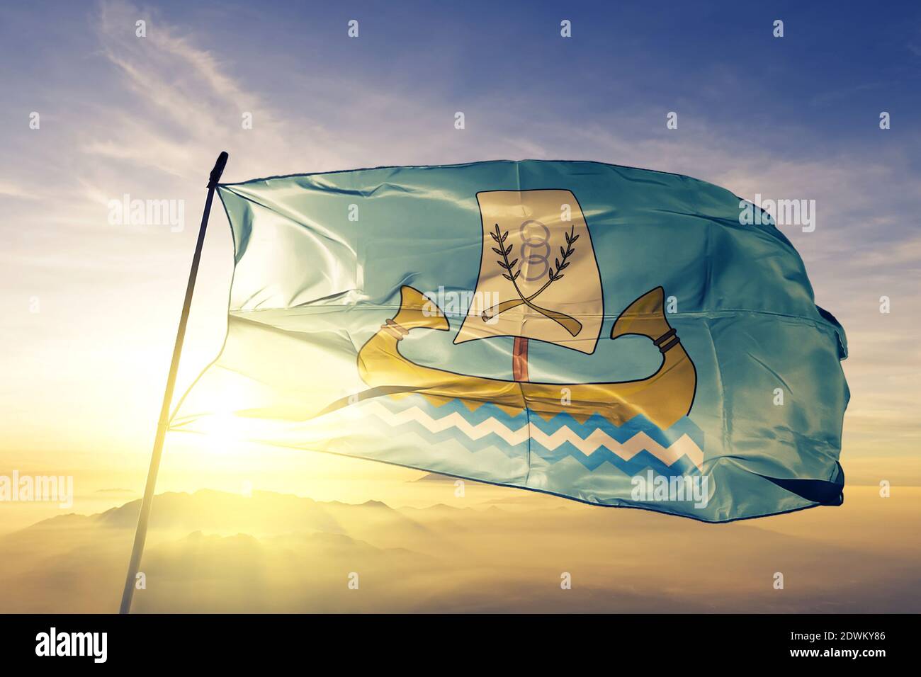 Kafr El Sheikh governorate of Egypt flag waving on the top sunrise mist ...