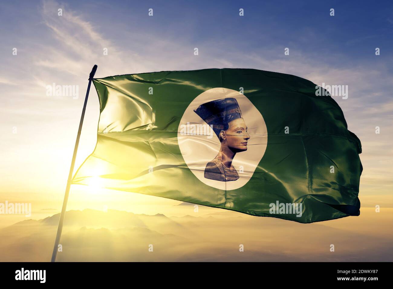 Minya governorate of Egypt flag waving on the top sunrise mist fog ...