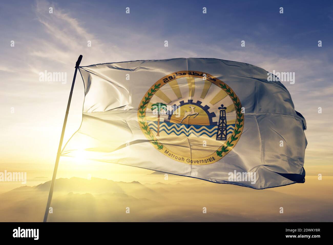 Matrouh governorate of Egypt flag waving on the top sunrise mist fog ...