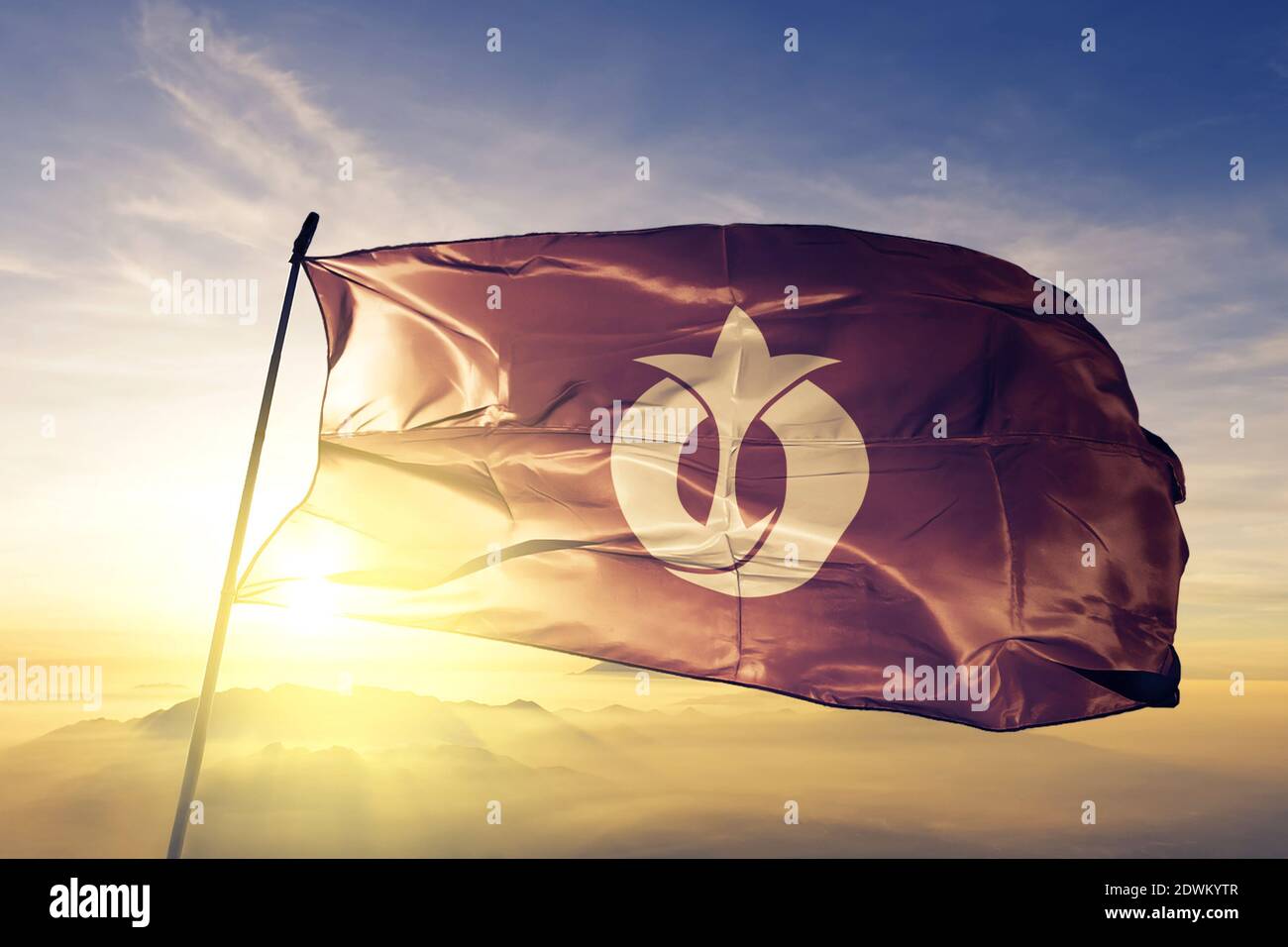 Aichi prefecture of Japan flag waving on the top sunrise mist fog Stock ...