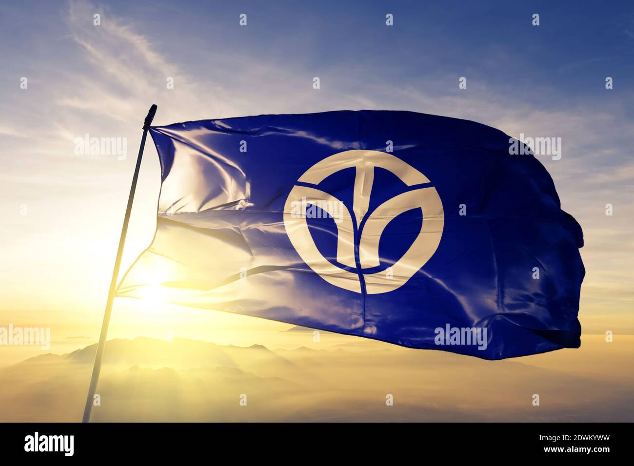 Fukui prefecture of Japan flag waving on the top sunrise mist fog Stock ...