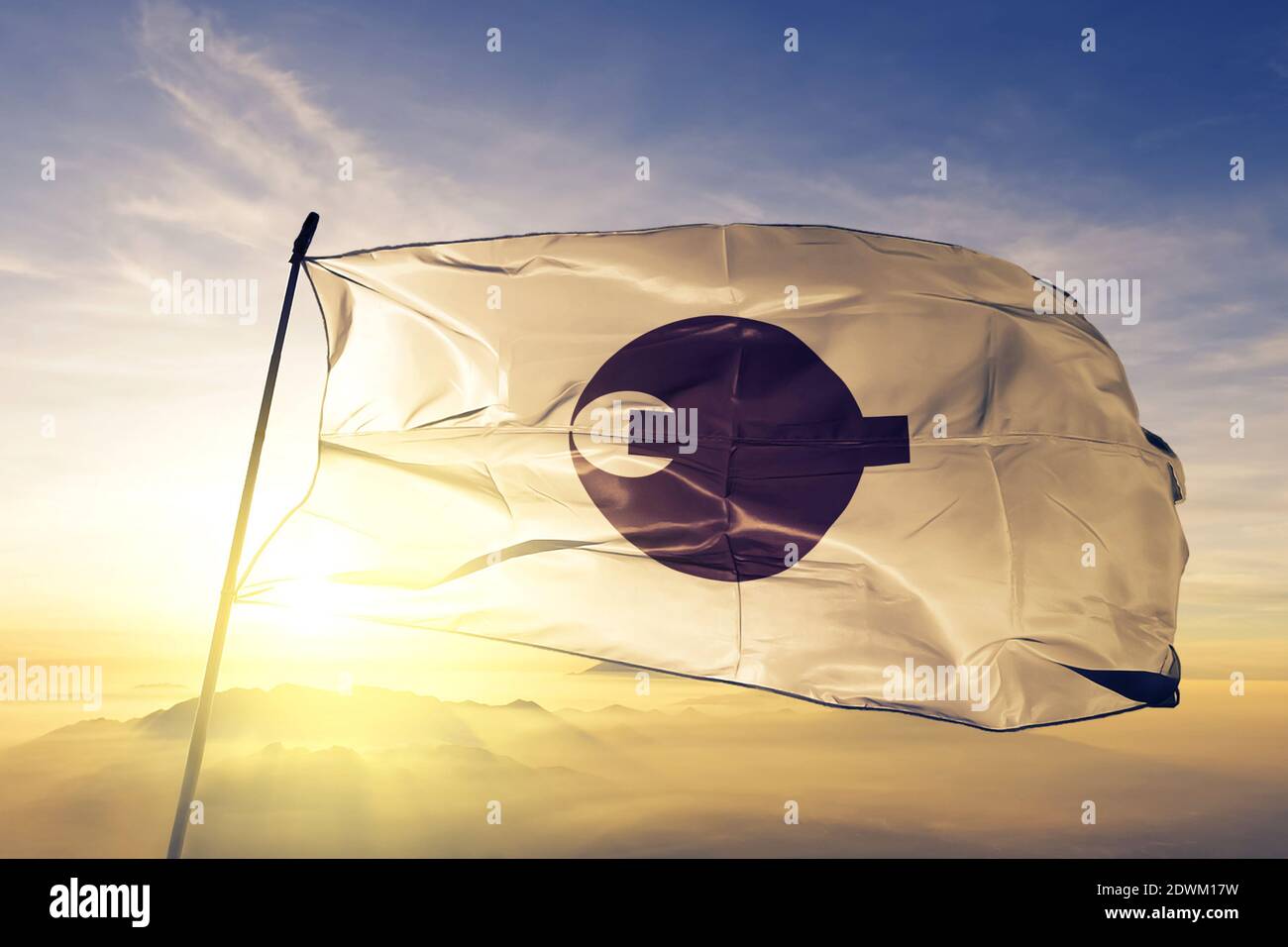 Nara prefecture of Japan flag waving on the top sunrise mist fog Stock ...