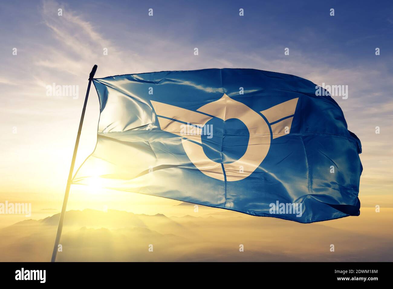 Shiga prefecture of Japan flag waving on the top sunrise mist fog Stock ...