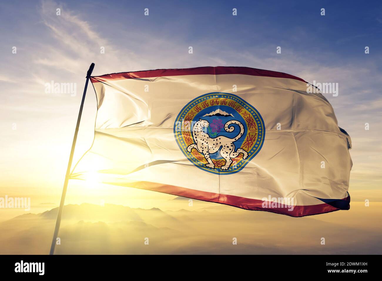 Almaty city of Kazakhstan flag waving on the top sunrise mist fog Stock ...