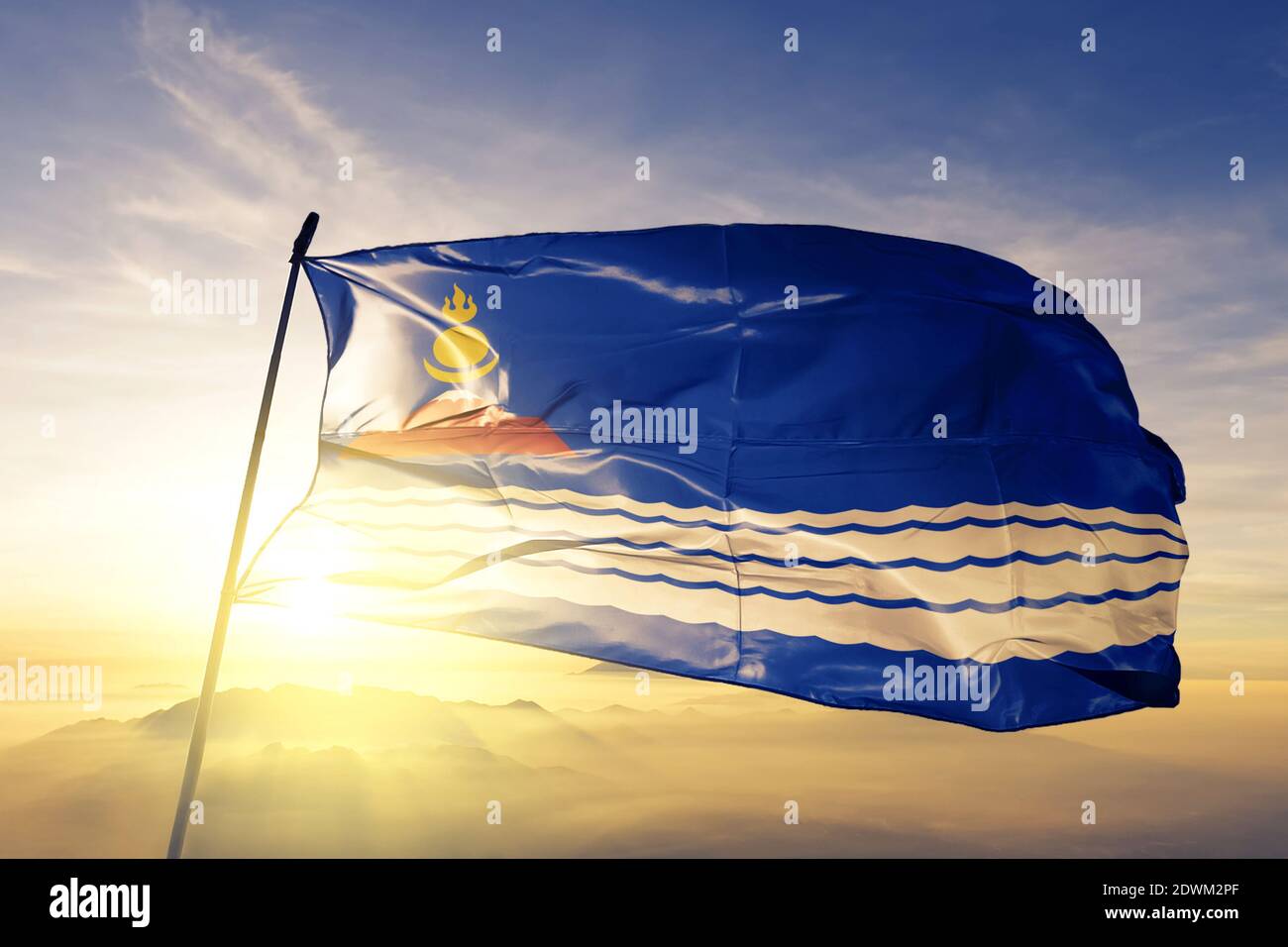 Uvs province of Mongolia flag waving on the top sunrise mist fog Stock ...