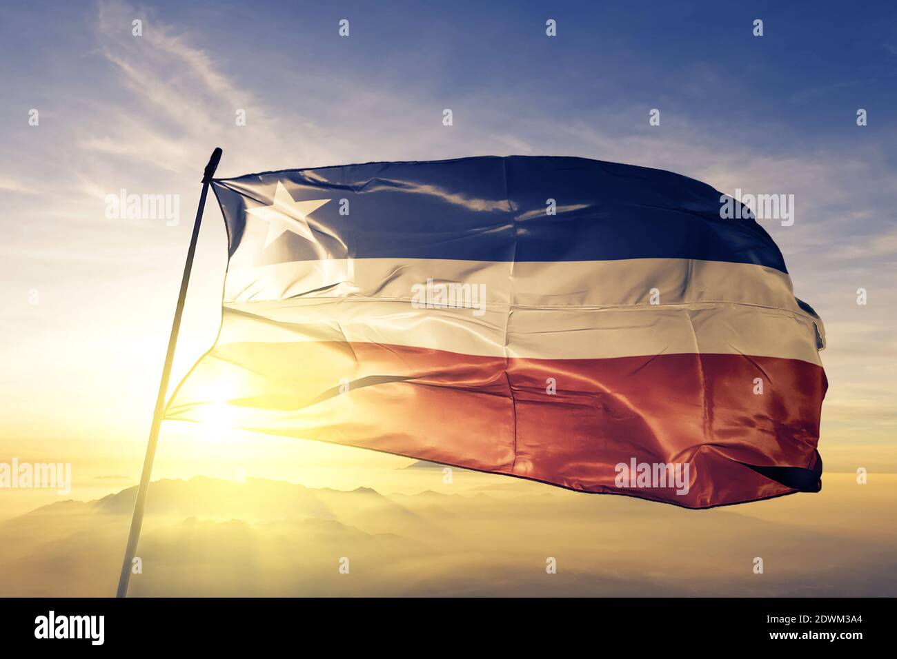 Kayin state of Myanmar flag waving on the top sunrise mist fog Stock ...