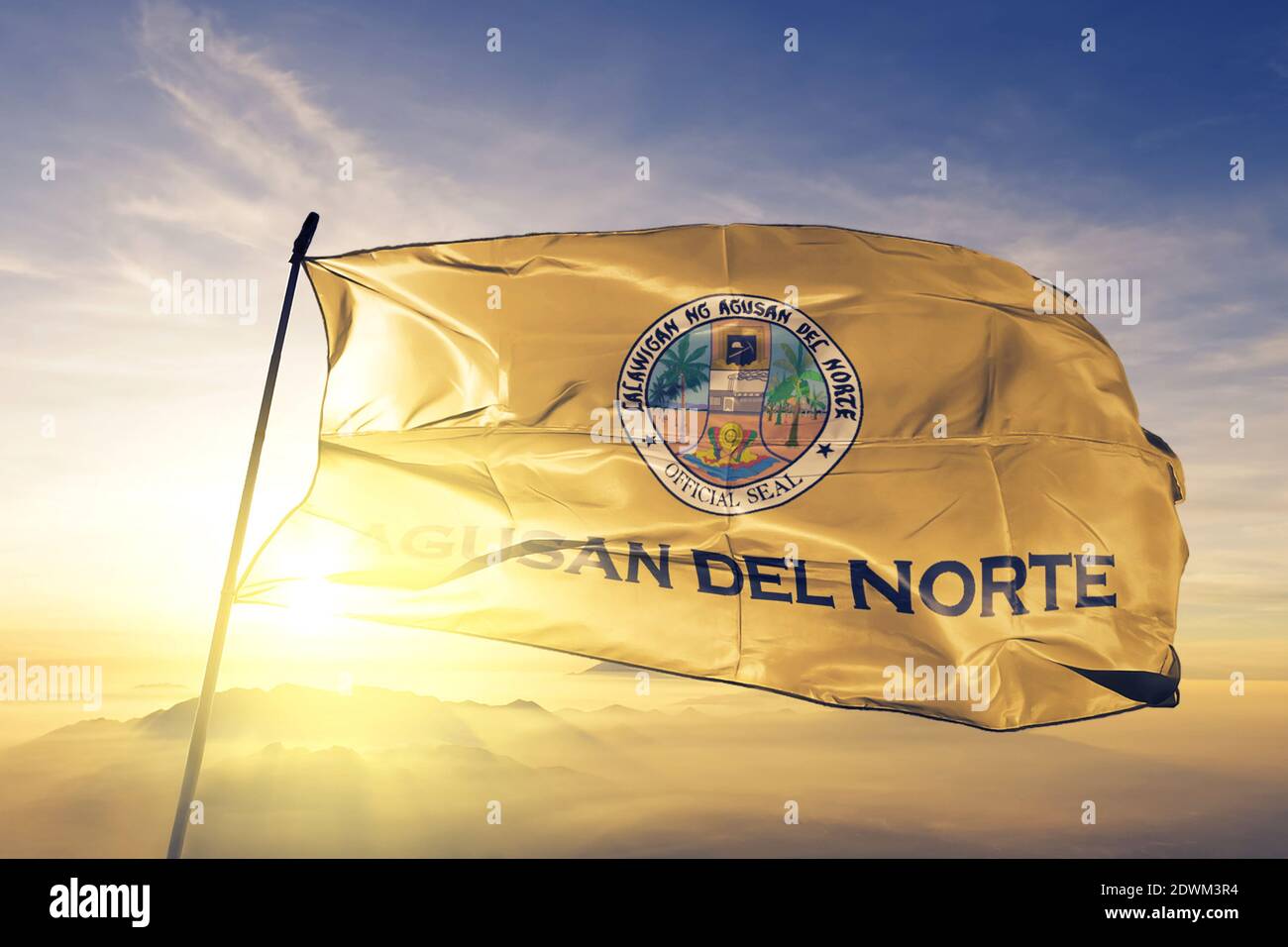 Agusan del Norte province of Philippines flag waving on the top sunrise ...