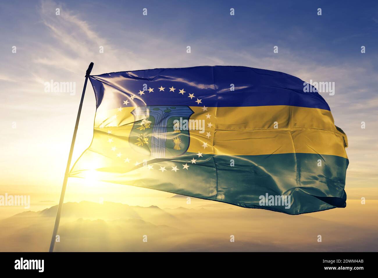 Cagayan province of Philippines flag waving on the top sunrise mist fog ...