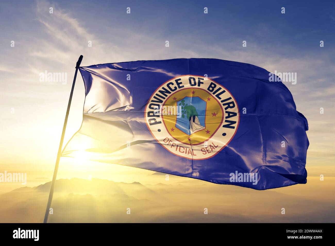 Biliran province of Philippines flag waving on the top sunrise mist fog ...