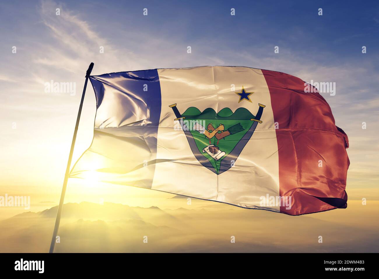 Bohol province of Philippines flag waving on the top sunrise mist fog ...