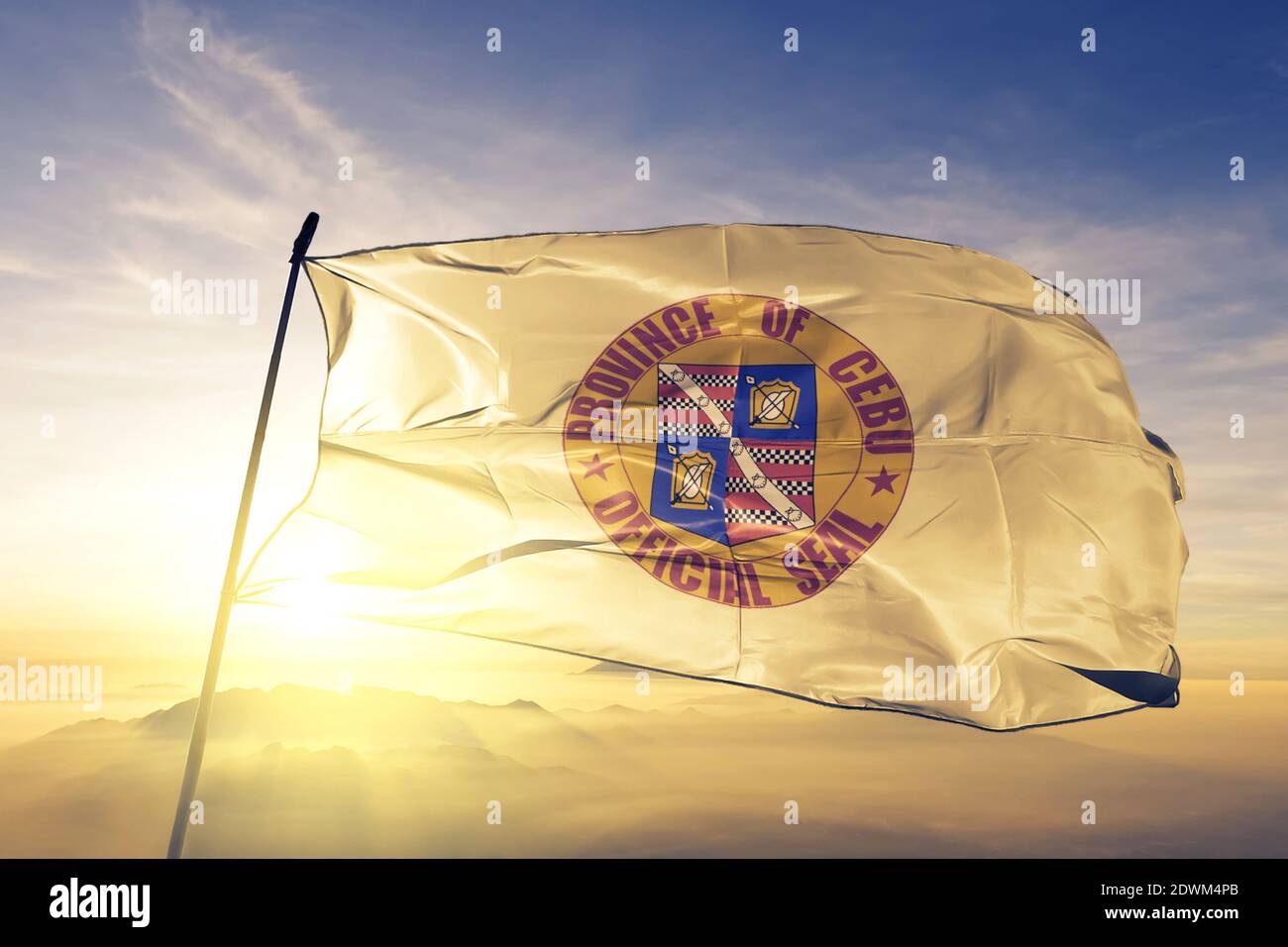 Cebu province of Philippines flag waving on the top sunrise mist fog ...