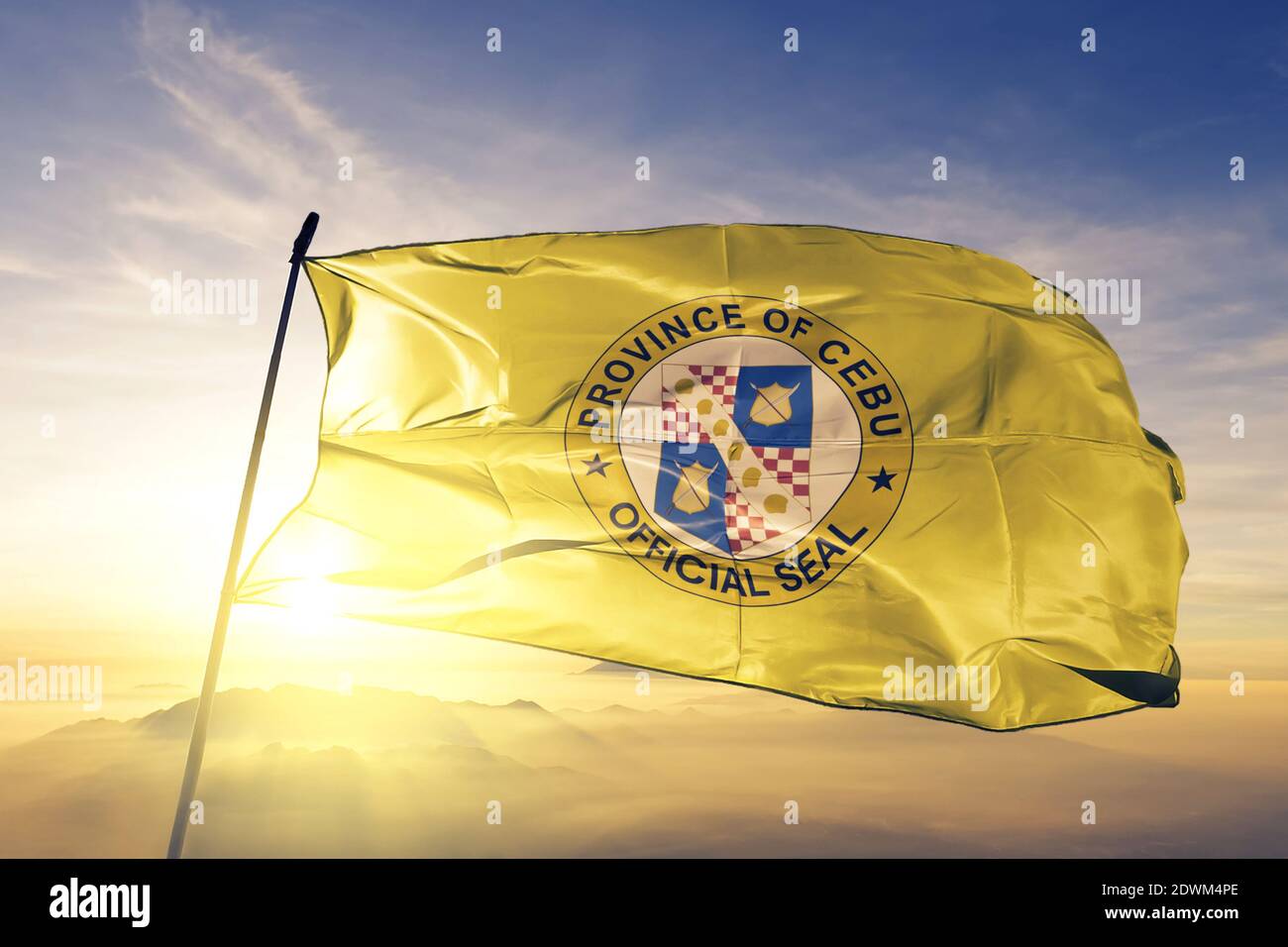 Cebu province of Philippines flag waving on the top sunrise mist fog ...