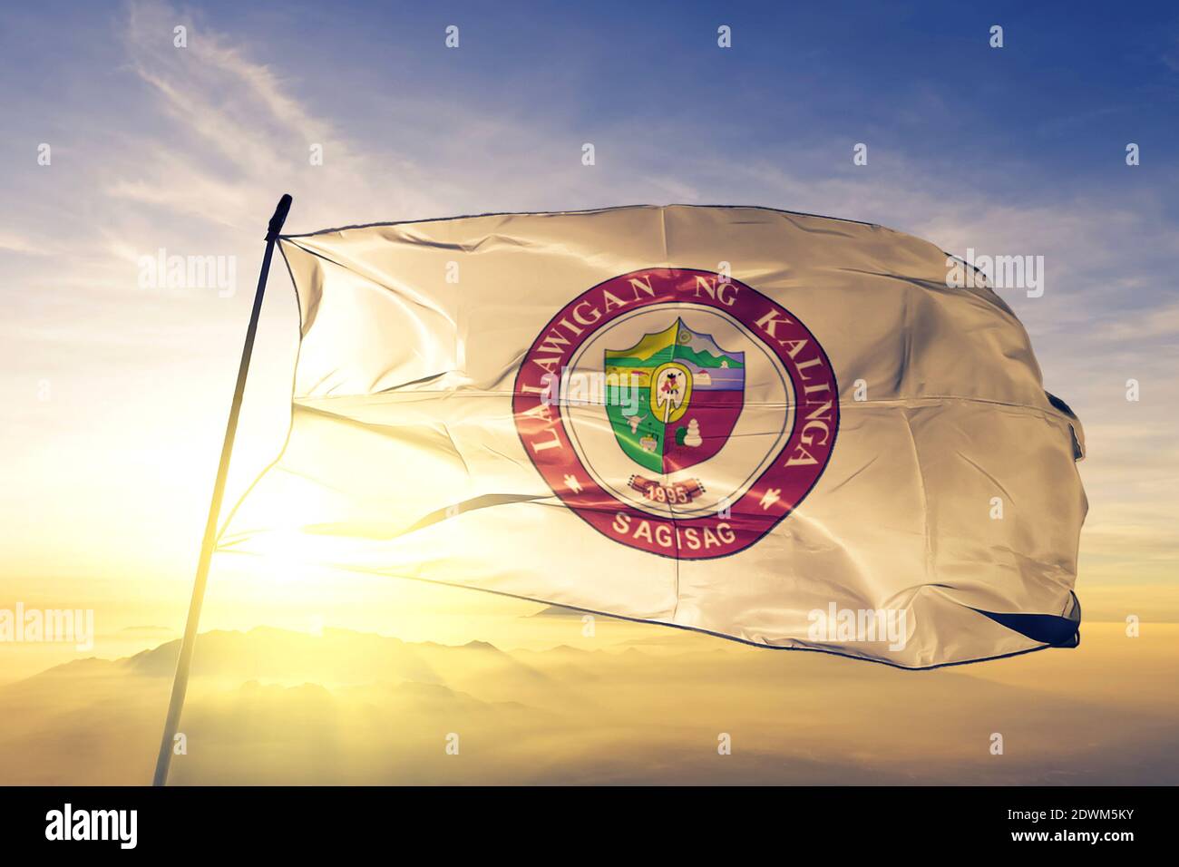 Kalinga province of Philippines flag waving on the top sunrise mist fog ...