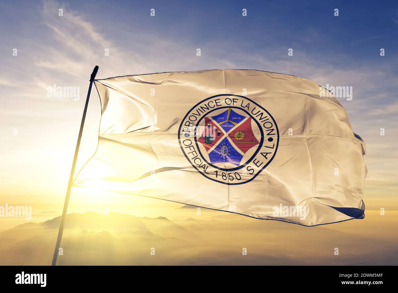 La Union province of Philippines flag waving on the top sunrise mist ...