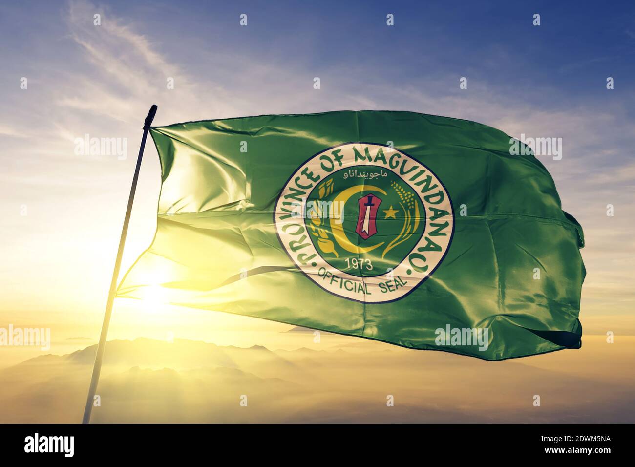 Maguindanao province of Philippines flag waving on the top sunrise mist ...