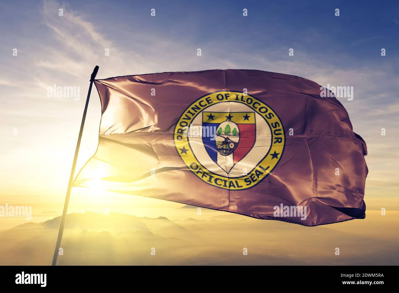 Ilocos Sur province of Philippines flag waving on the top sunrise mist ...