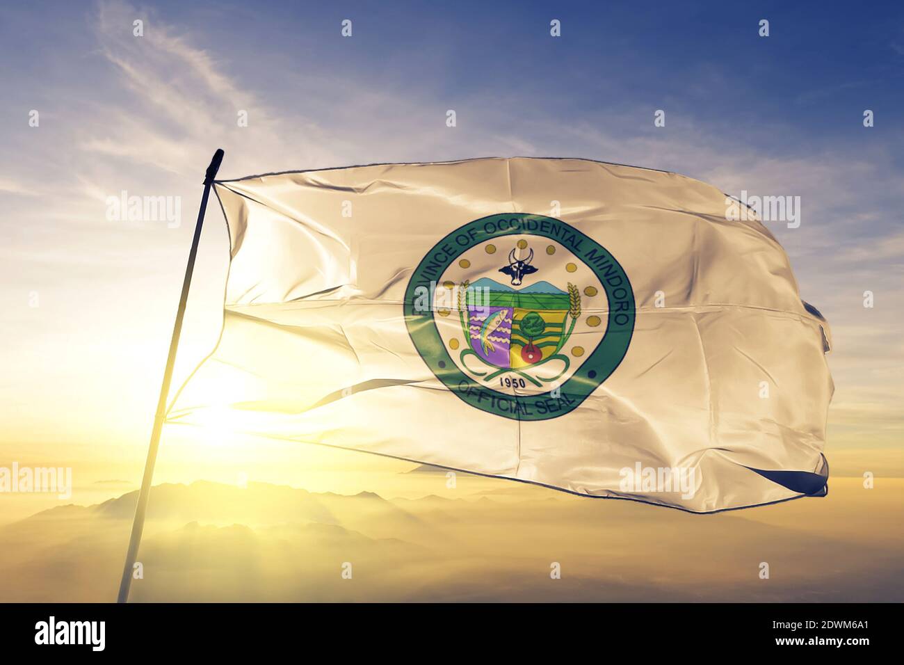 Occidental Mindoro province of Philippines flag waving sunrise mist fog ...