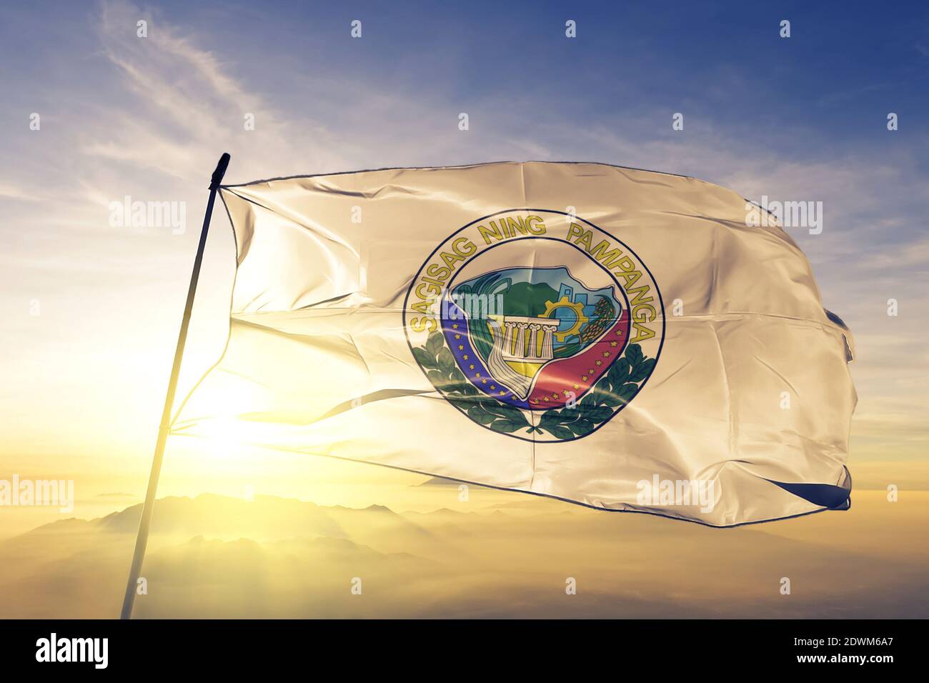 Pampanga province of Philippines flag waving on the top sunrise mist ...